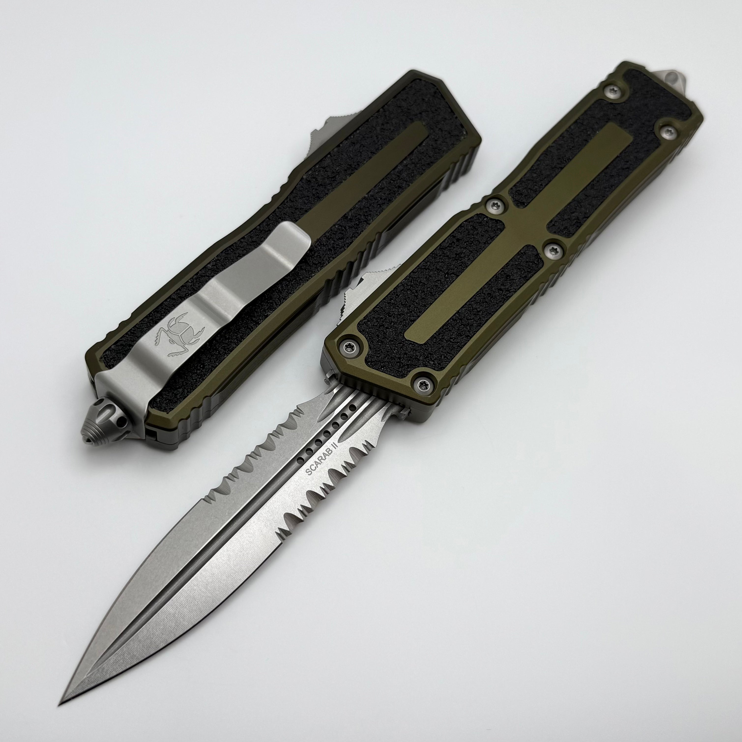 Microtech Scarab 2 Gen 3 OD Green Handles w/ D/E Stonewash Partial Ser