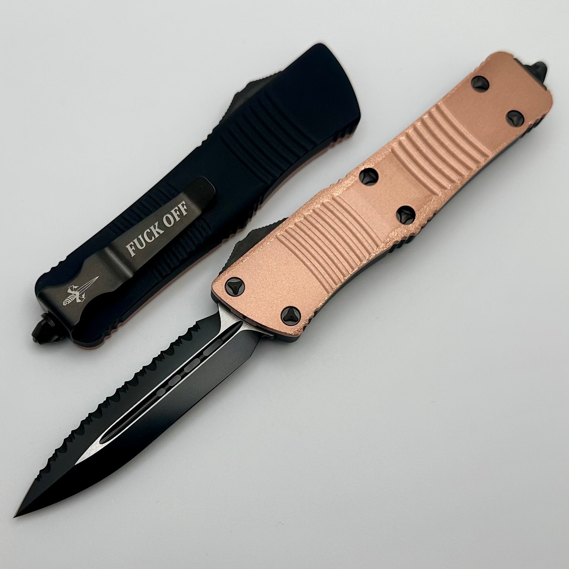 Microtech Troodon D/E Stippled Copper Top w/ DLC Full Serrated Friendl