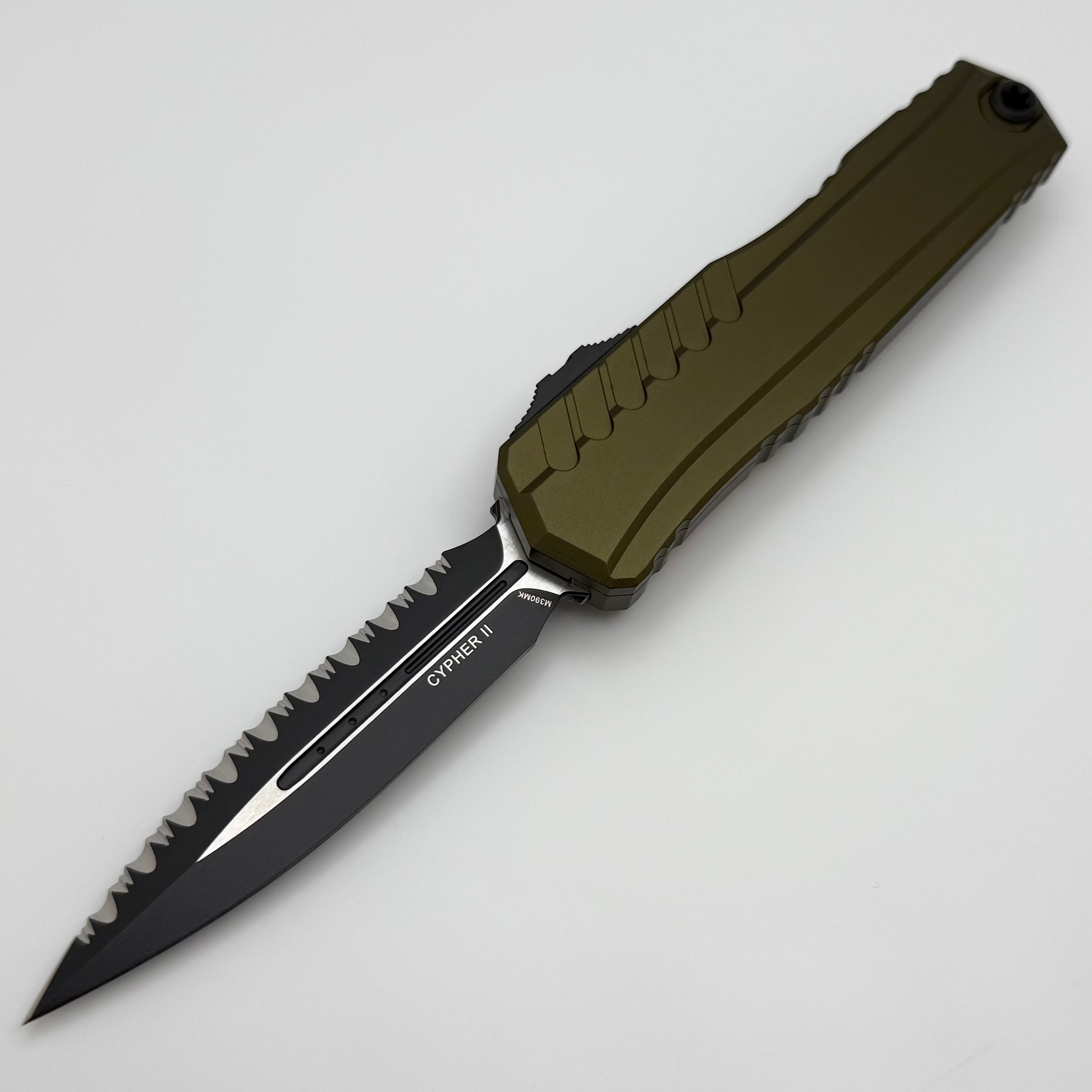 Microtech Cypher II Black D/E Full Serrated w/ OD Green Handle 1242-3O