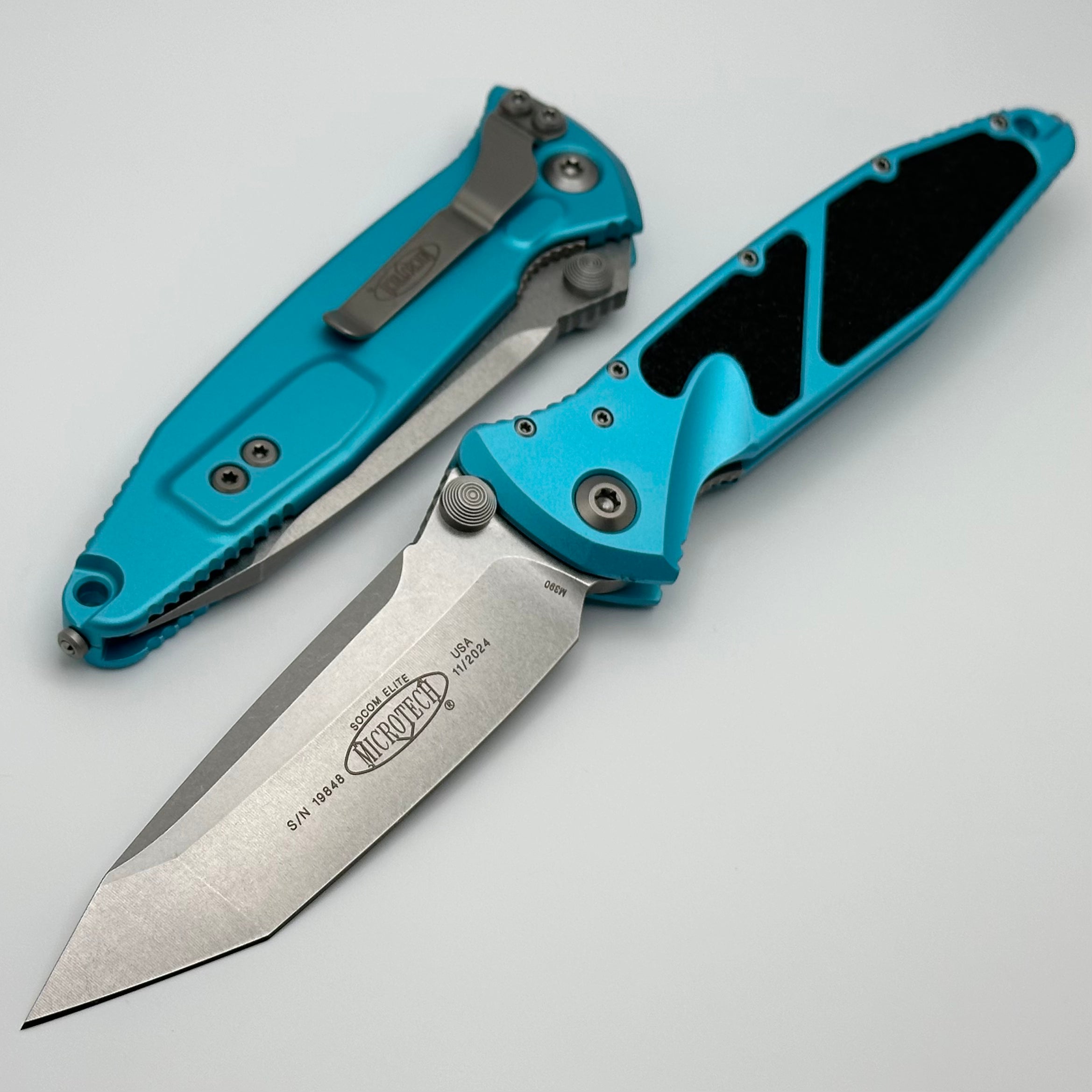 Microtech Socom Elite T/E Manual Turquoise Handles w/ Stonewash Tanto