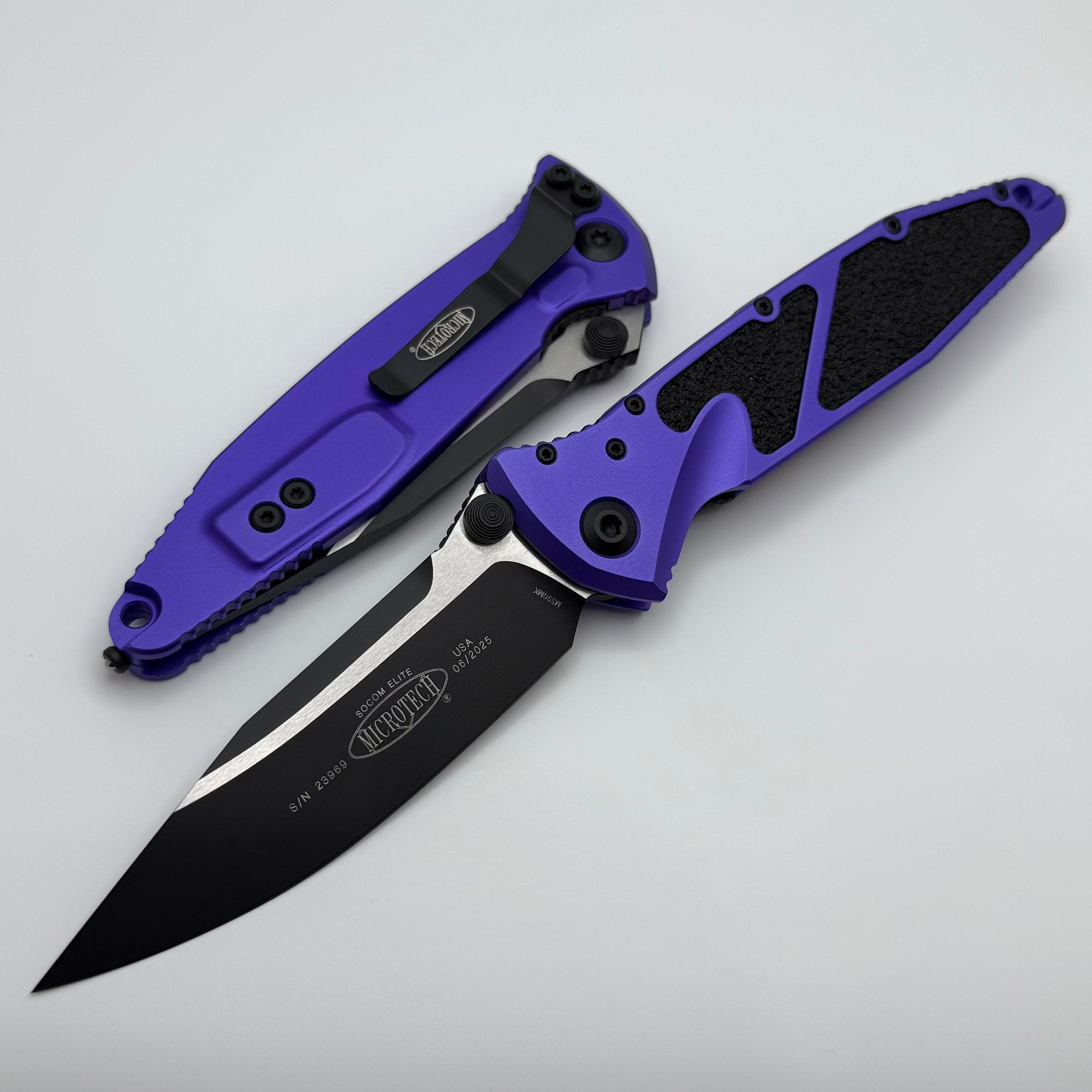 Microtech Socom Elite Manual Black Single Edge w/ Purple Handles 160-1