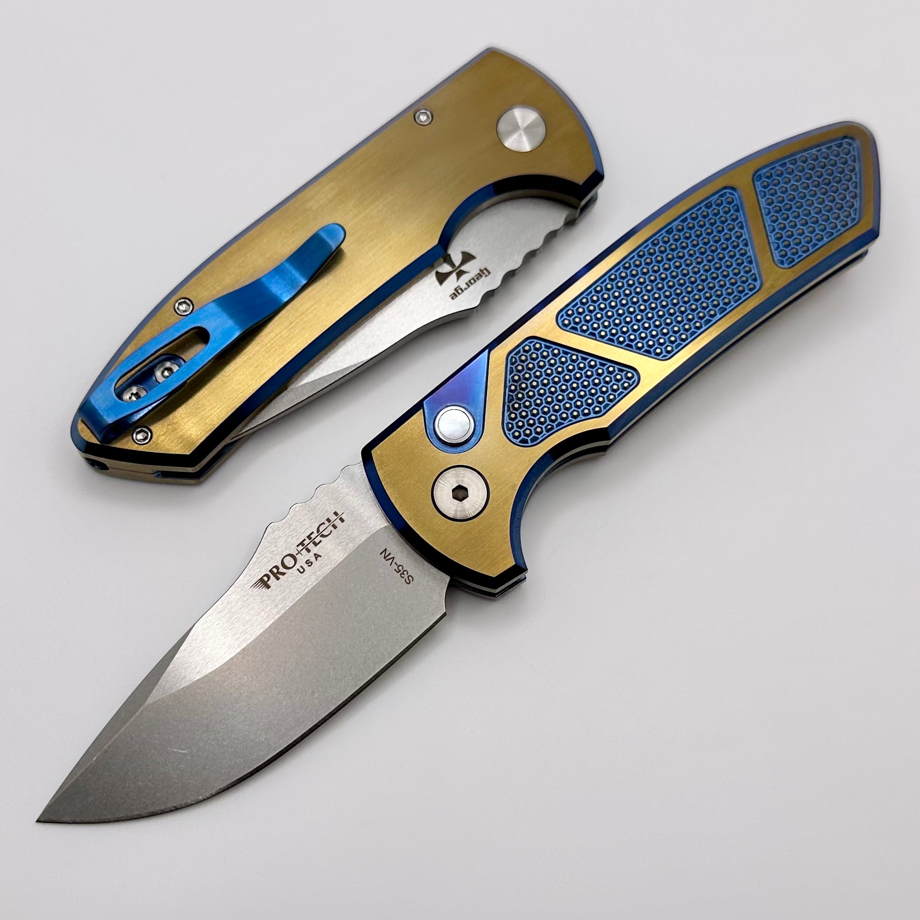 Pro-Tech SBR Short Bladed Rockeye Two Tone Blue/Bronze Knurled Titaniu