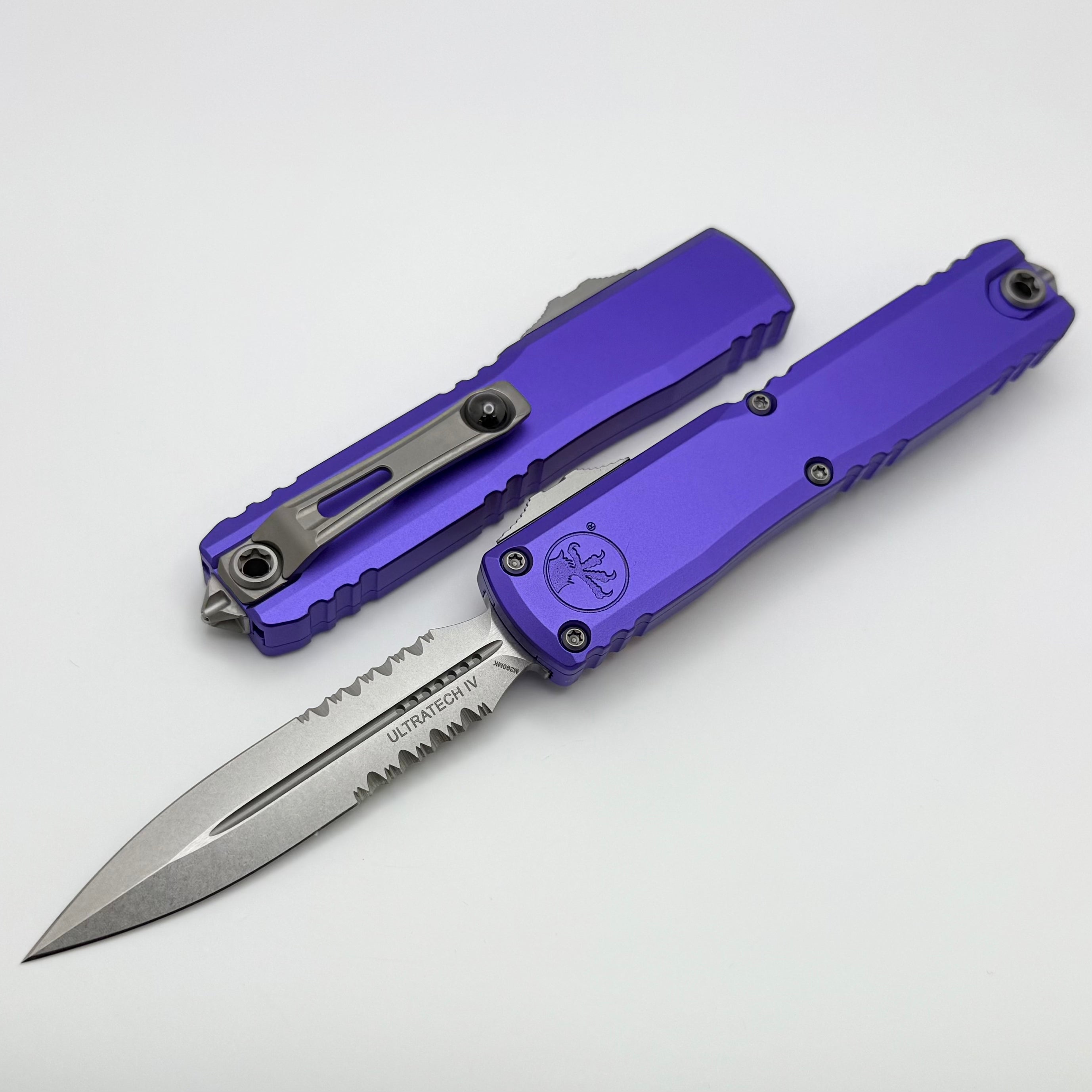 Microtech Ultratech Gen IV D/E Stonewash Partial Serrated w/ Purple Ha
