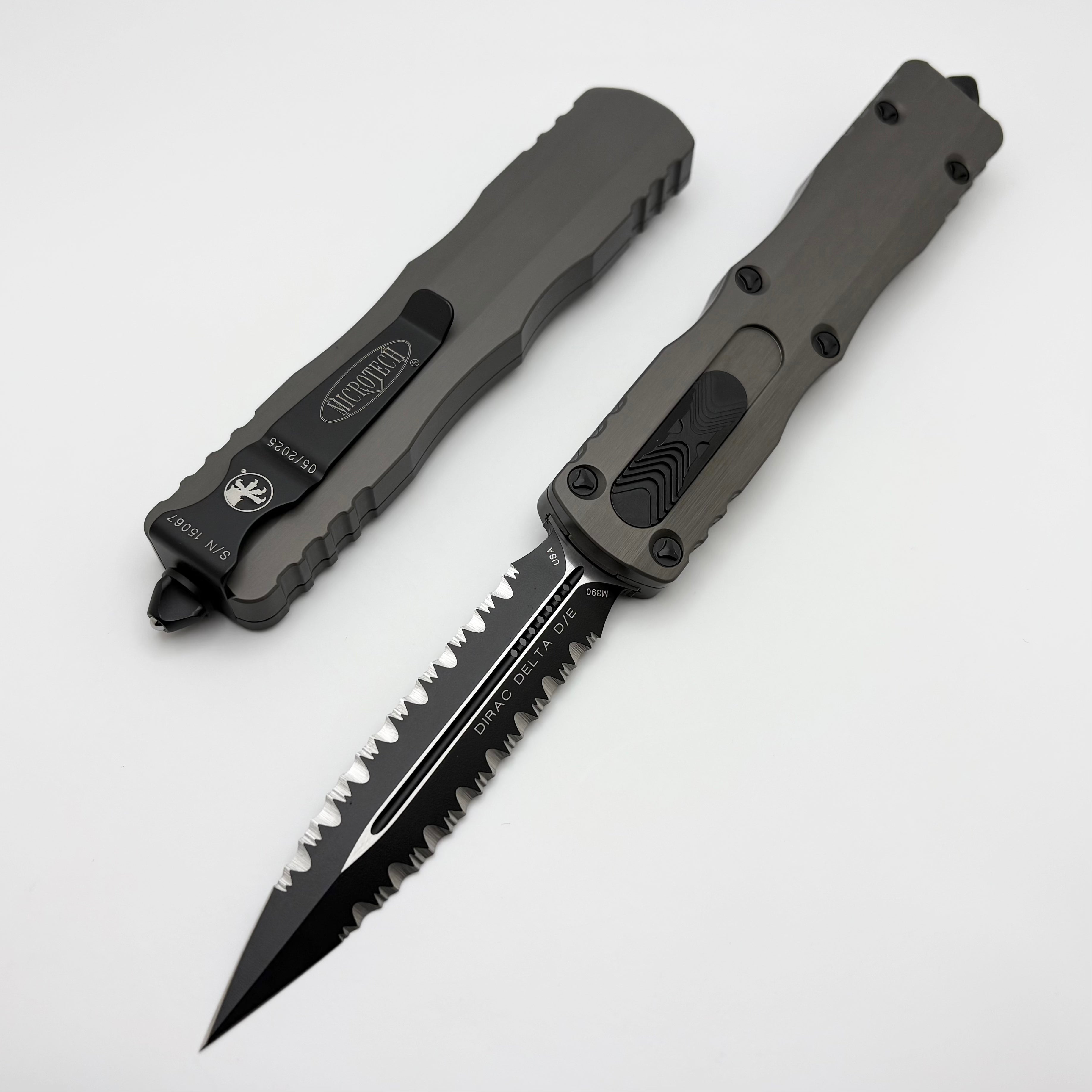 Microtech Dirac Delta Natural Clear w/ Double Full Serrated Black D/E