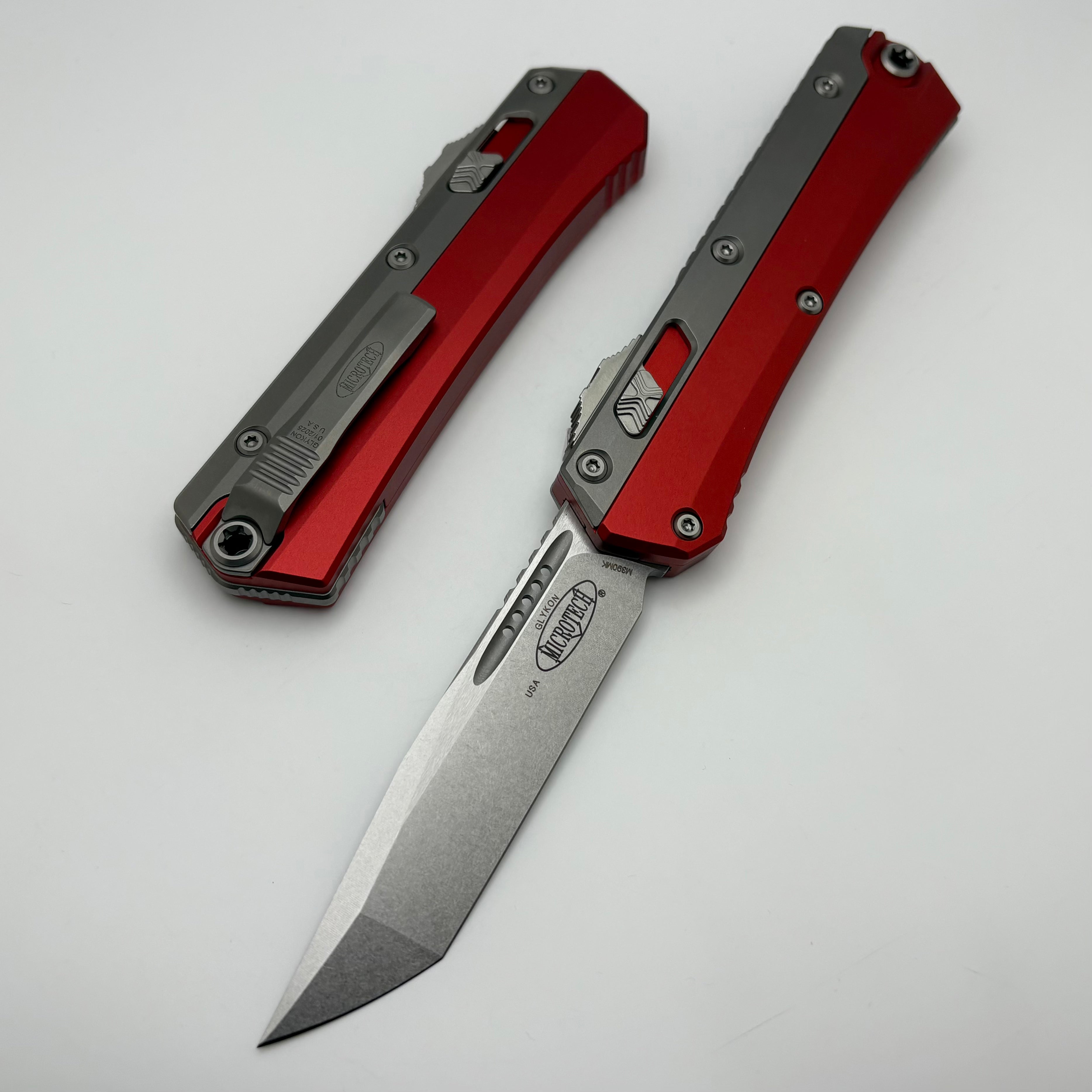 Microtech Glykon Stonewash Tanto w/ Red Handles & Bead Blast Overlay 1