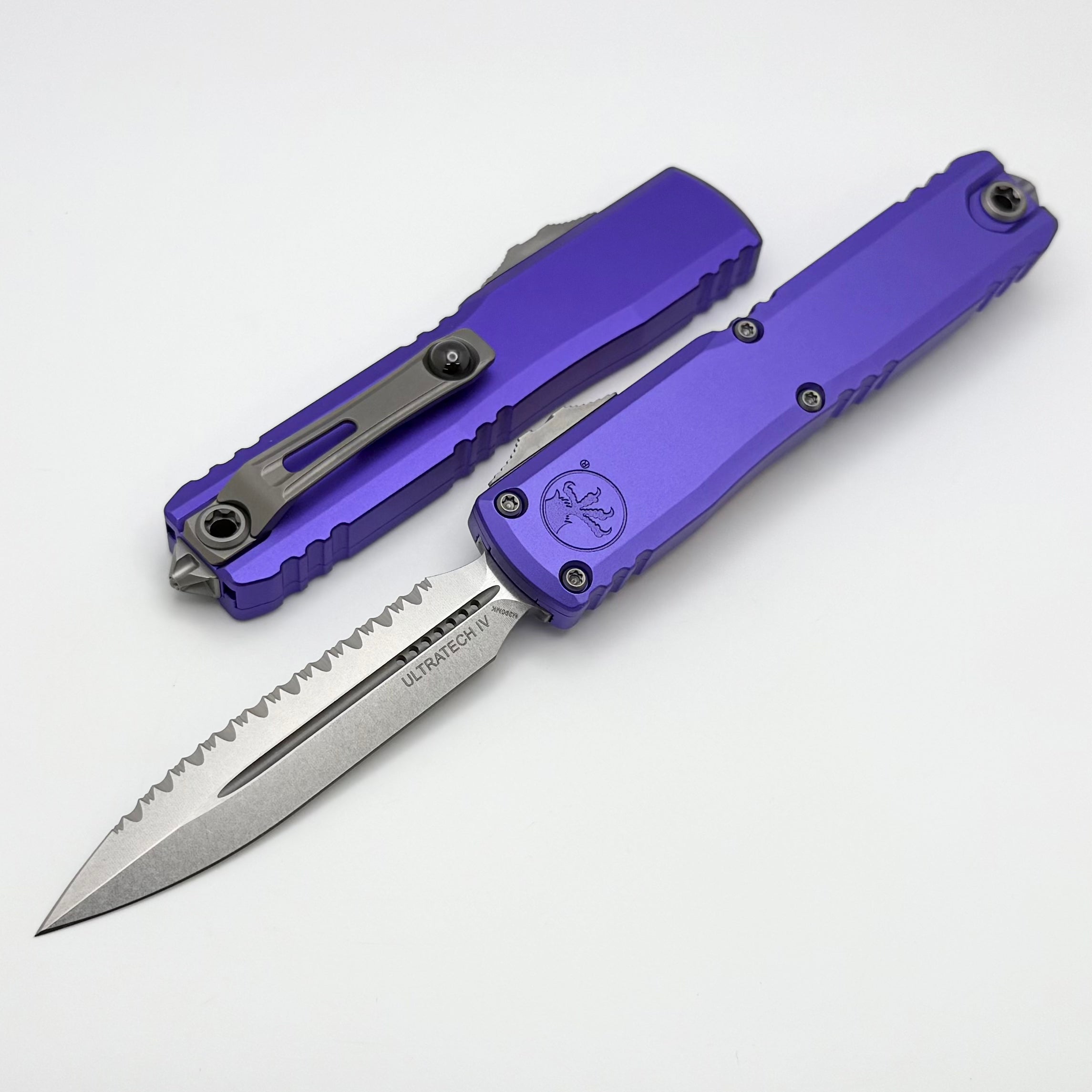 Microtech Ultratech Gen IV D/E Stonewash Full Serrated w/ Purple Handl
