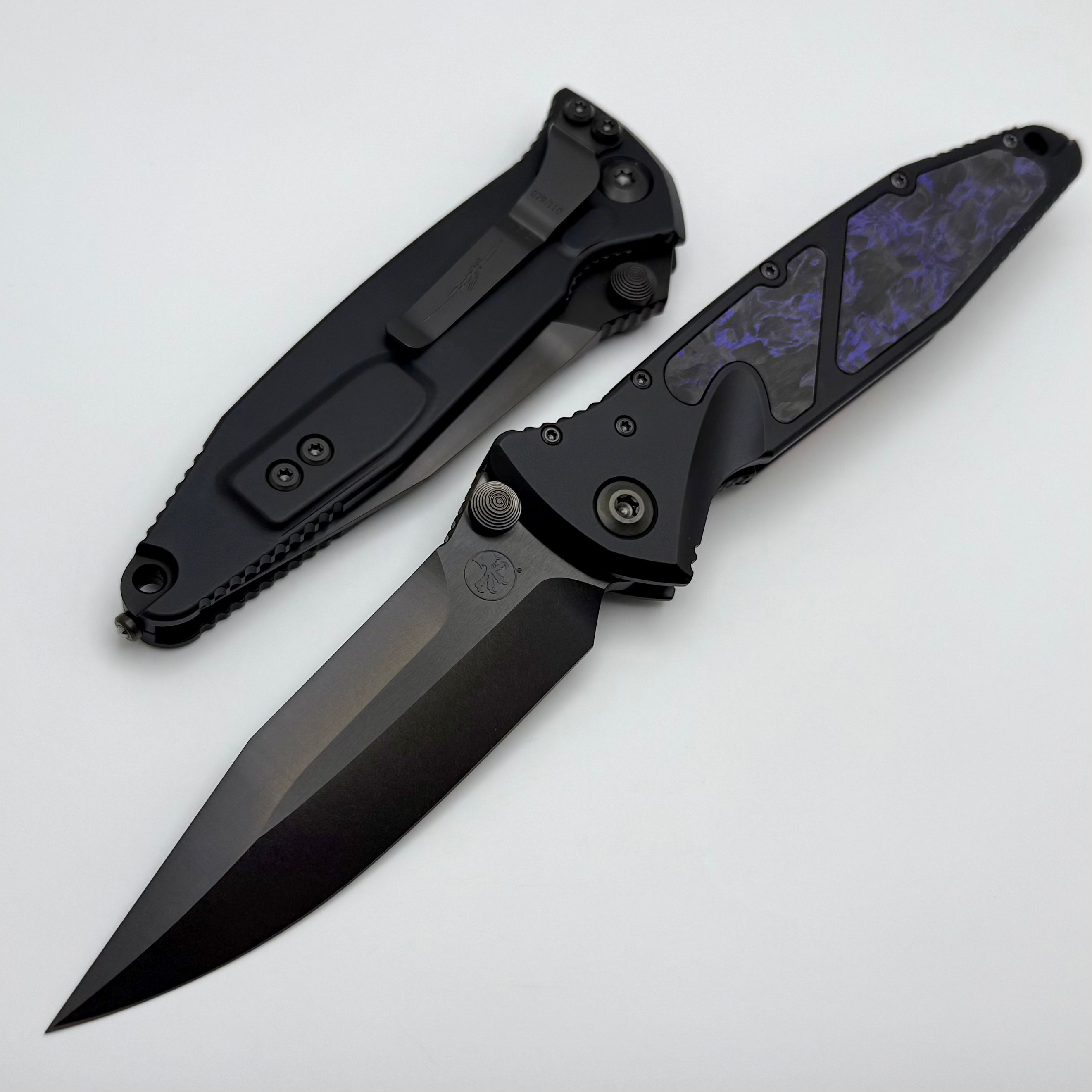 Microtech Socom Elite M/A DLC Spike Grind w/ Purple Haze Cross Cut Fat