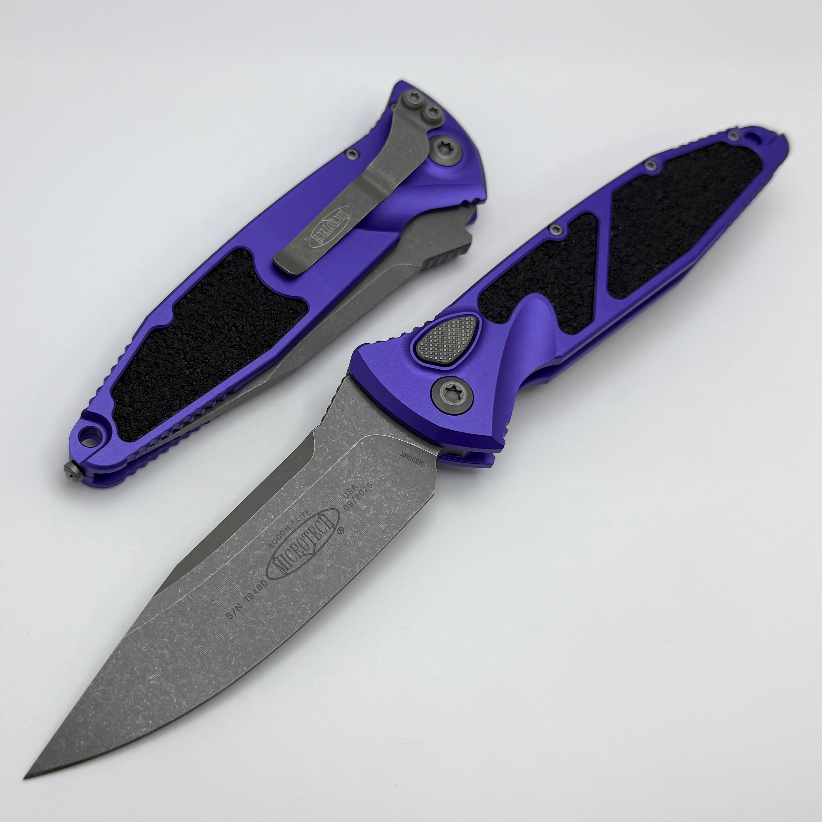 Microtech Socom Elite Auto Purple Handles w/ S/E Apocalyptic 160A-10AP