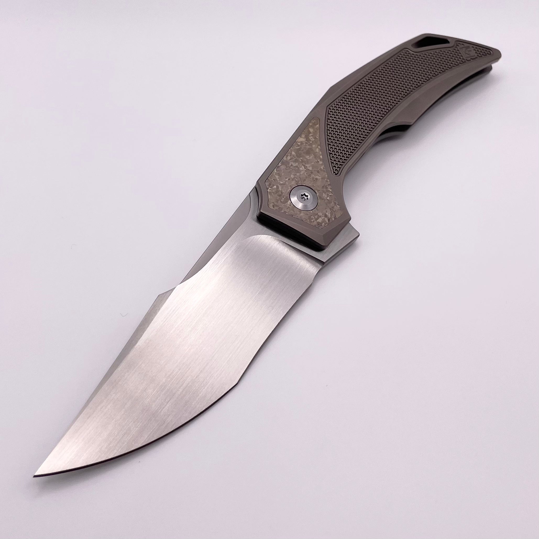 PRE OWNED Custom Knife Factory Justice Bronze w/ CrystalTi & Hand Sati