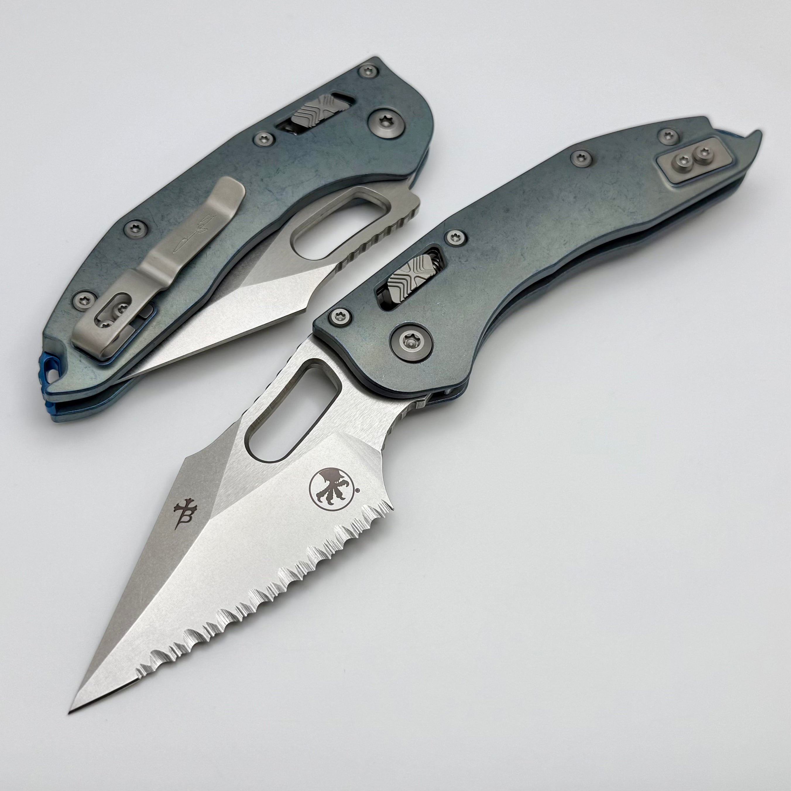 Microtech Marfione Select Manual Stitch RAM LOK Ice Blue Titanium Hand