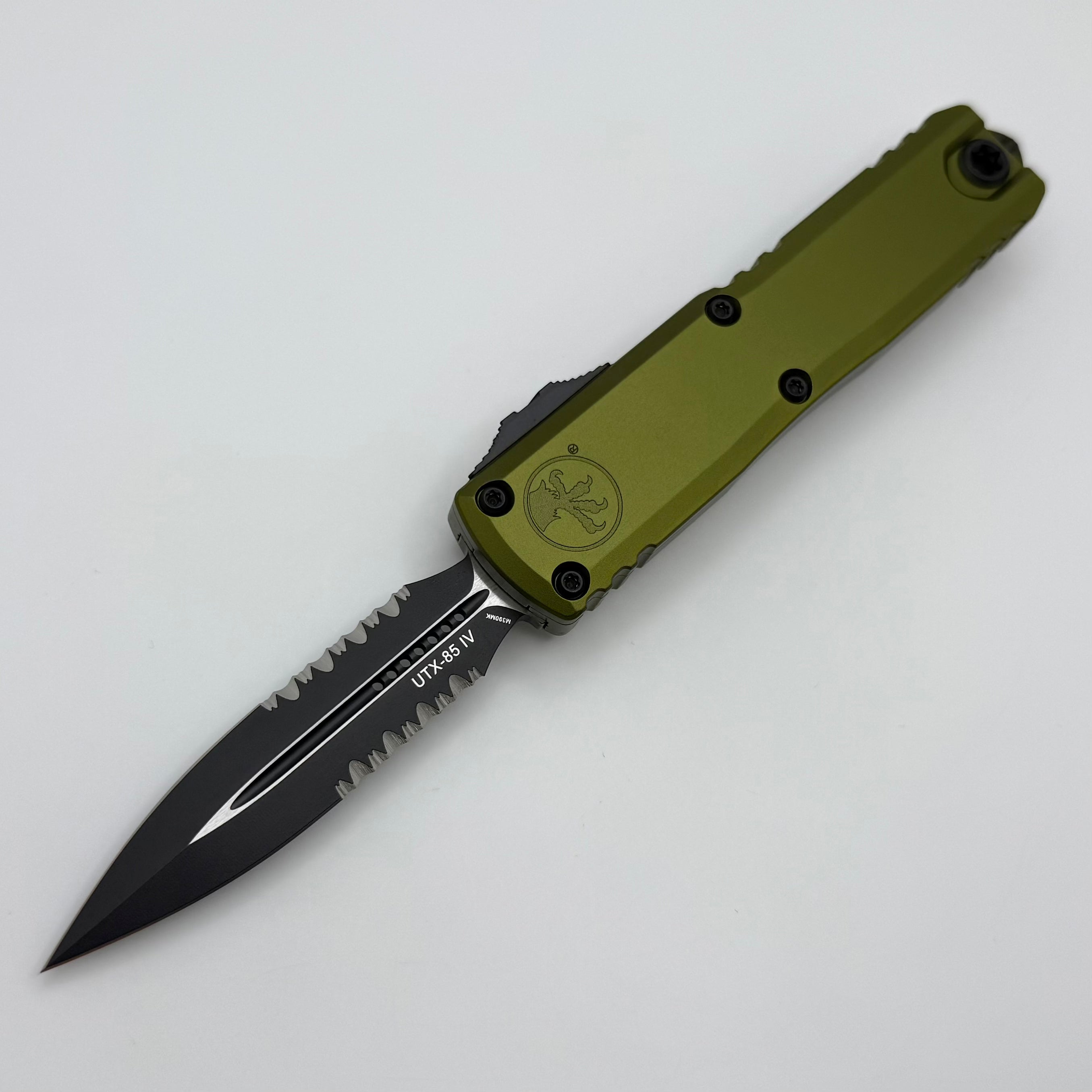 Microtech UTX-85 Gen IV w/ OD Green Handle & Black D/E Part Serrated M