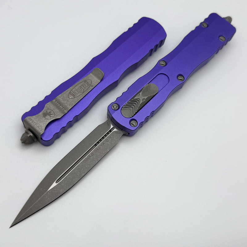 Microtech Dirac Delta D/E Apocalyptic w/ Purple Handle 227-10APPU