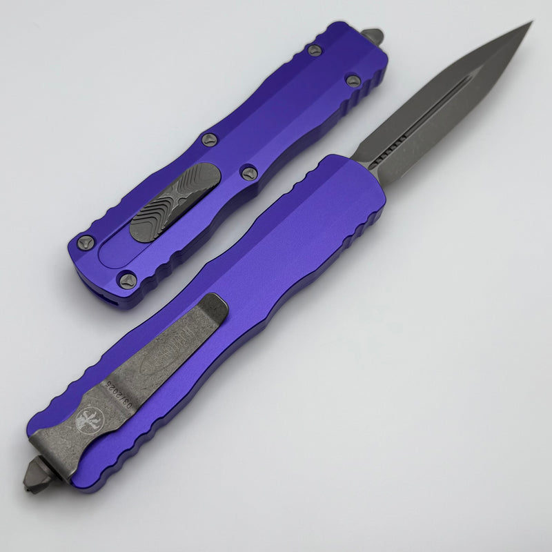Microtech Dirac Delta D/E Apocalyptic w/ Purple Handle 227-10APPU