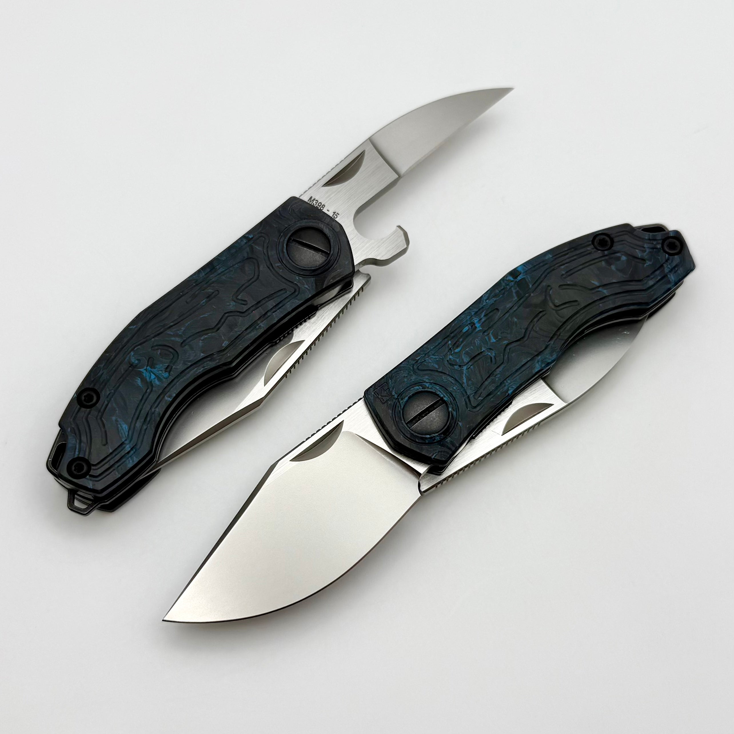Custom Knife Factory Keysha w/ Blue Carbon Fiber Handles & M398 Blades