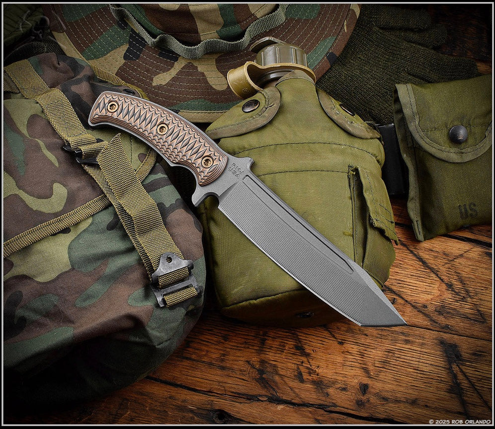 RMJ Tactical Combat Asia Fixed Blade w/ Hyena Brown G-10 & Kydex Sheat