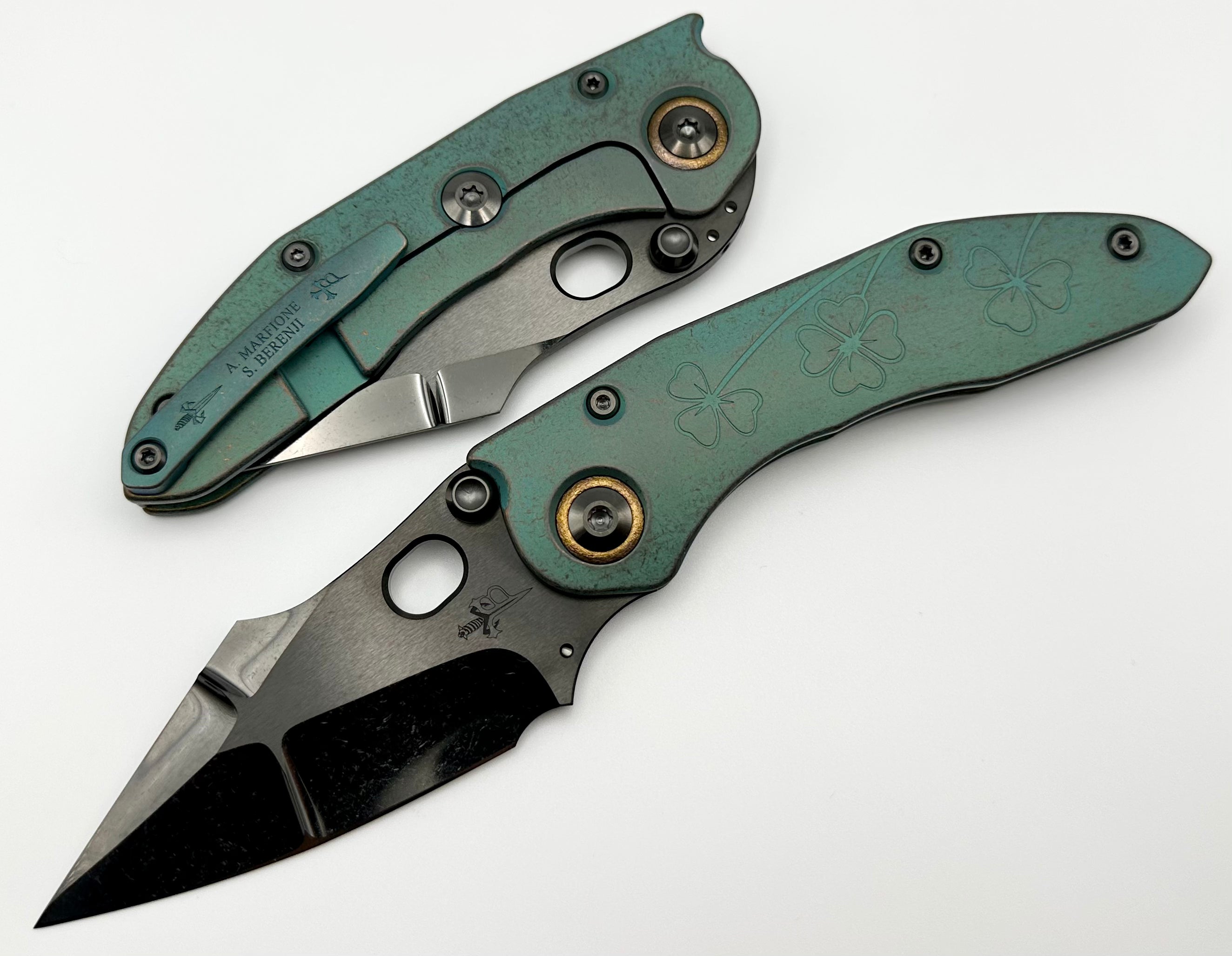 Marfione Custom Knives & Borka Blades Antique Green Lucky Stitch Trit