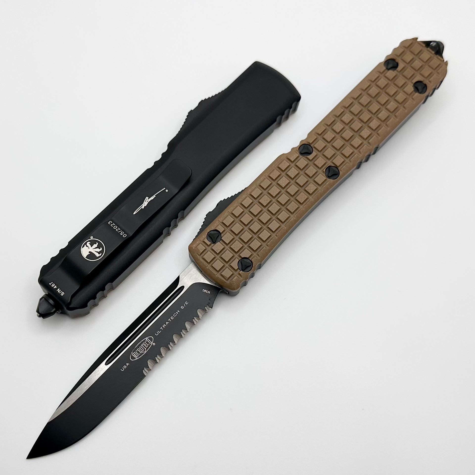 Microtech Ultratech Tan Frag G-10 Top Tactical Standard Partial Serrat