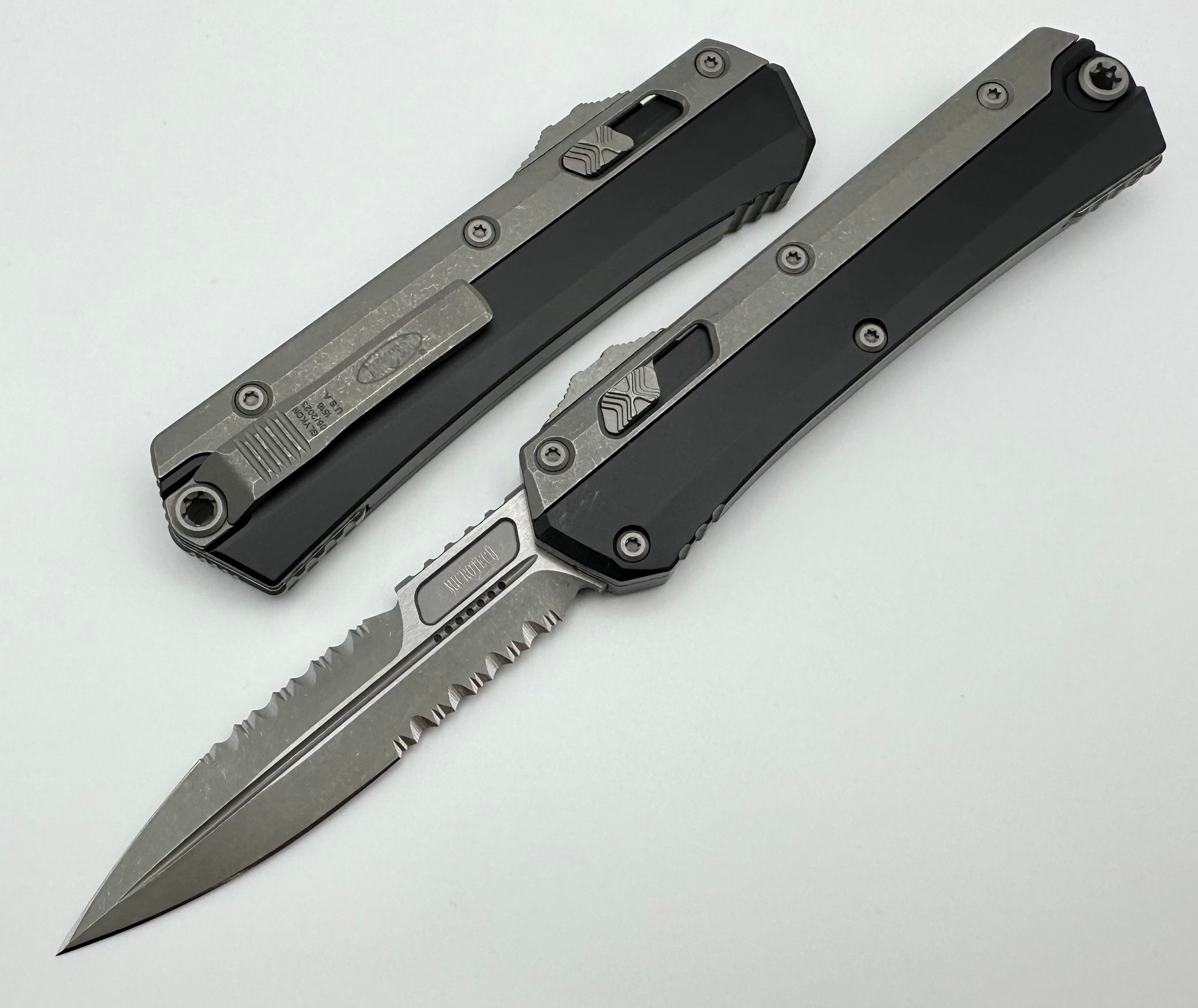 Microtech Glykon Apocalyptic Serrated Bayonet w/ Bead Blast Overlay 18