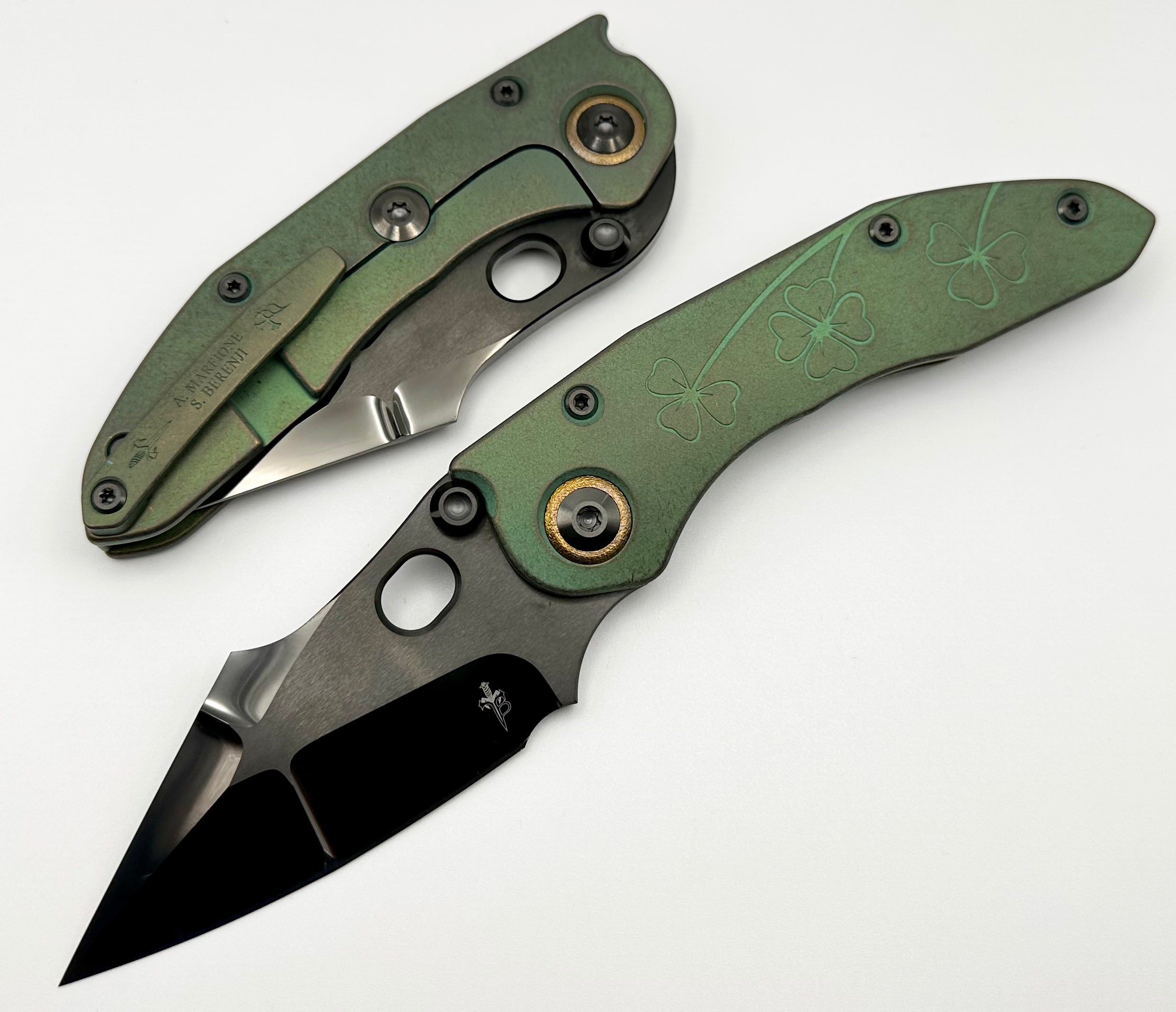 Marfione Custom Knives & Borka Blades Antique Green Lucky Stitch w/ DL