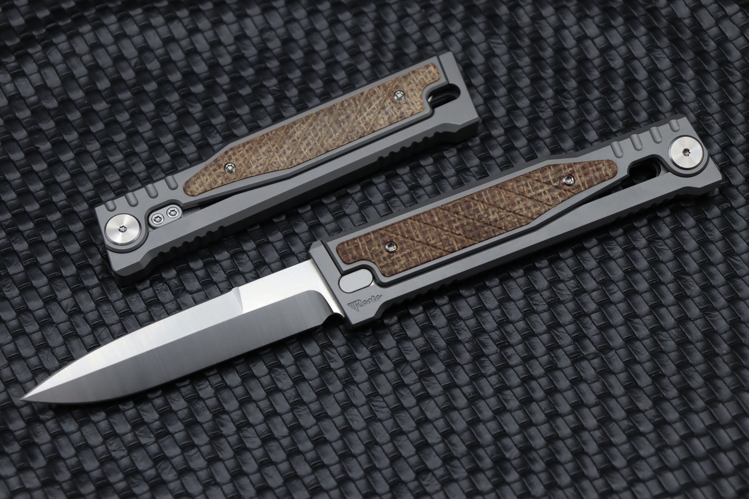 Reate EXO Exoskeleton Design Burlap Micarta Double Edge